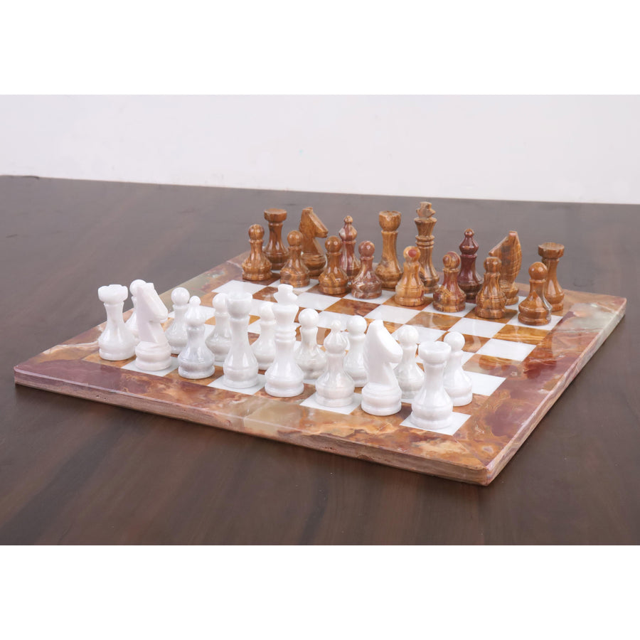 Brown Onyx Marble & Stone Chess Pieces & Board Combo Set - 15" - Handc