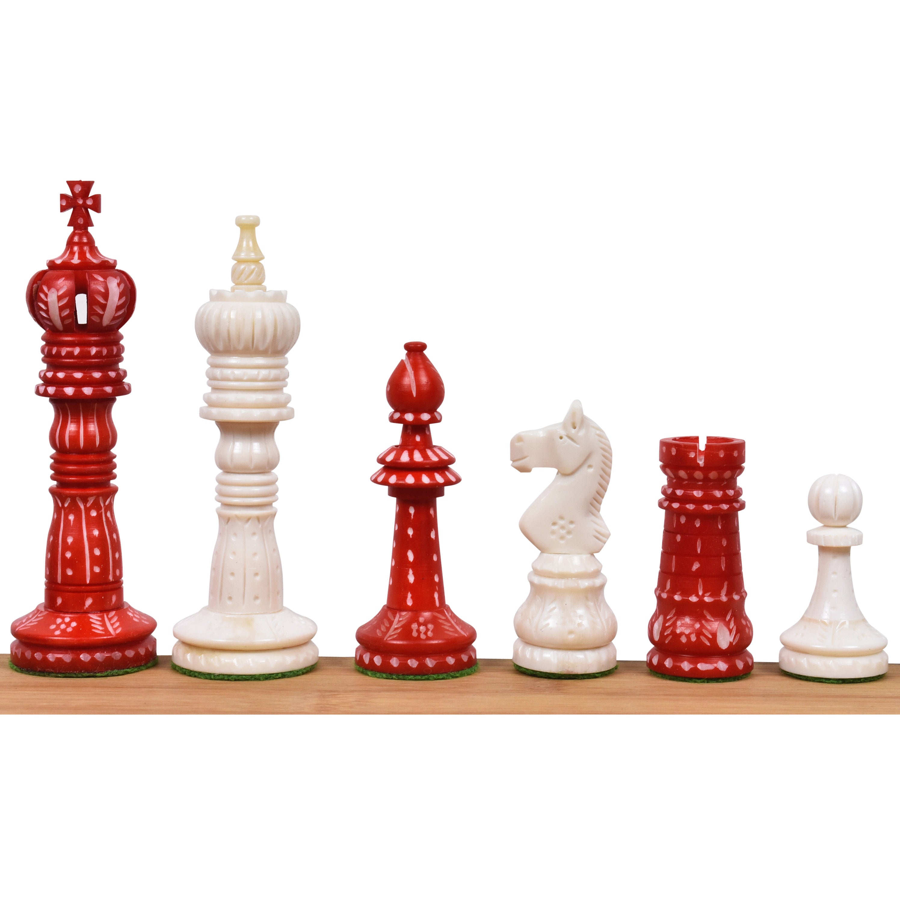 4.3" British Series Hand Carved Camel Bone Chess Set - Crimson & White