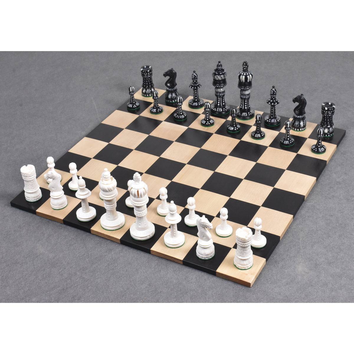 4.1″ New English Hand Carved Camel Bone Chess Pieces Set-Black & White